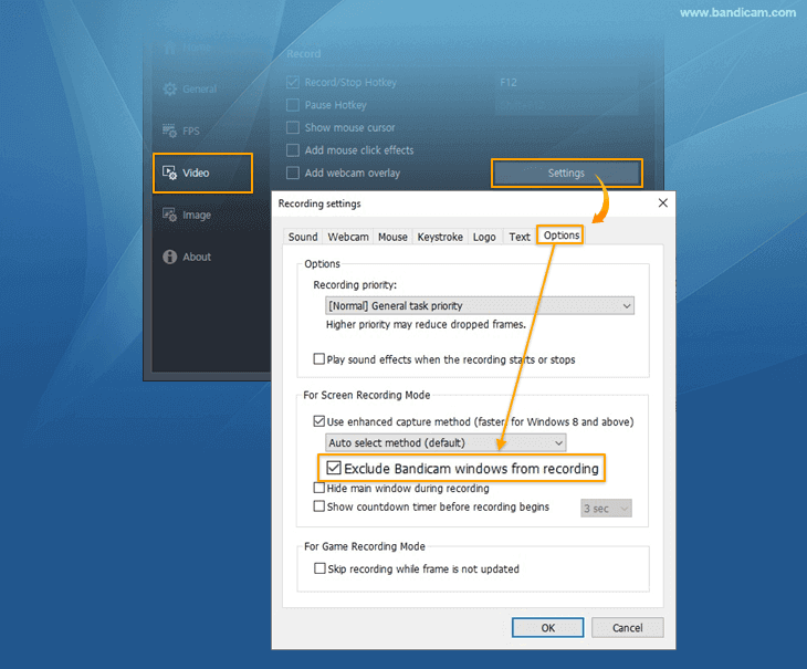 How to hide the recording window or interface - Bandicam