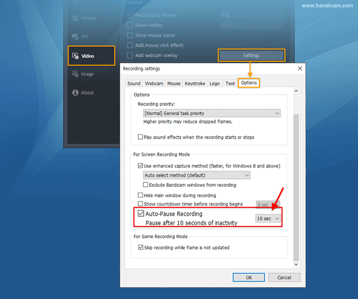 Pause recording when PC is inactive - Bandicam