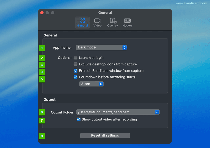 Bandicam für Mac: Anleitung zu den allgemeinen Einstellungen